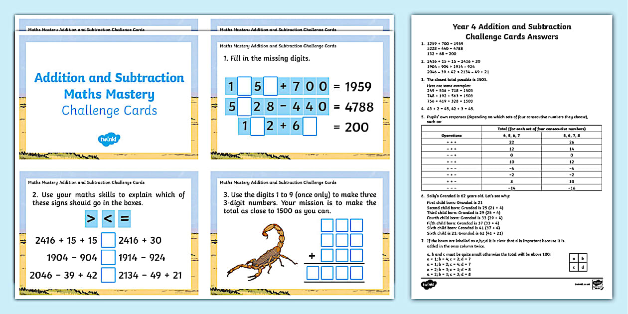 Maths Mastery Year 4 Addition and Subtraction Challenge Cards