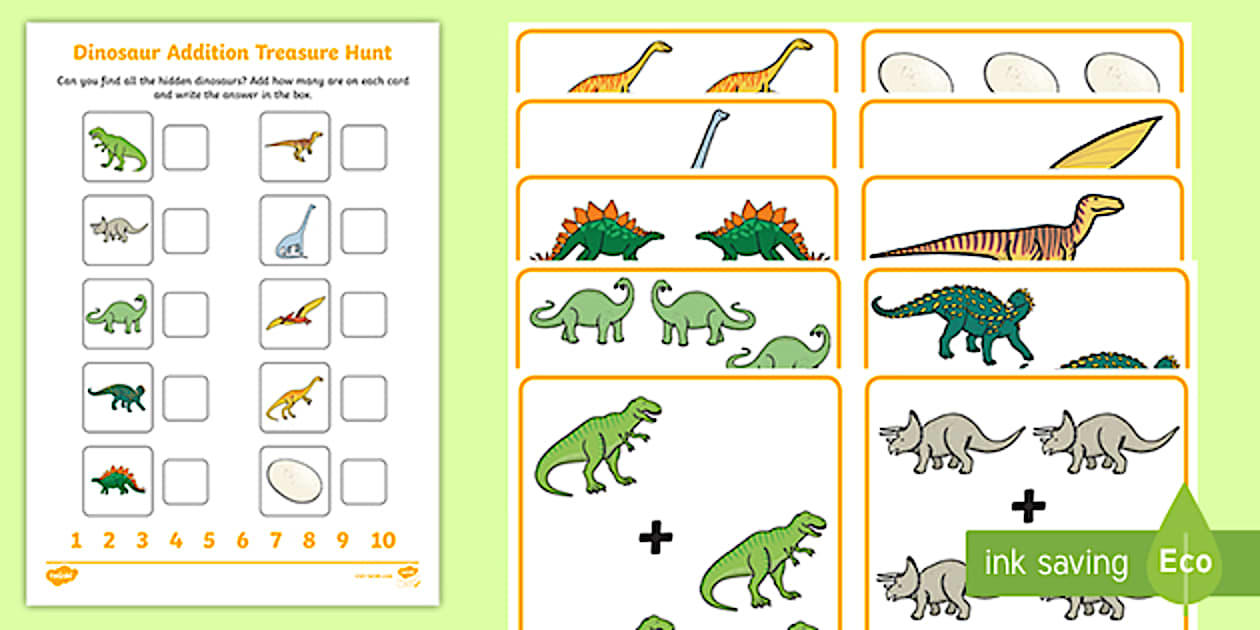Dinosaur-Themed Addition Treasure Hunt Activity - Twinkl