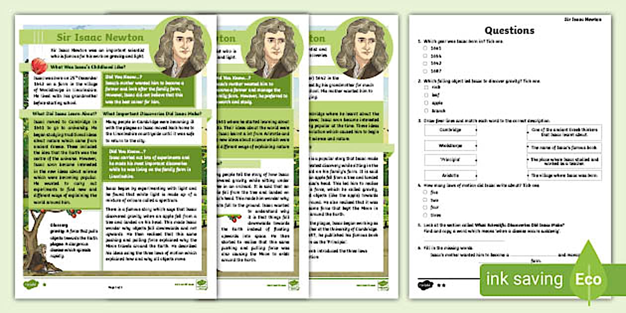 LKS2 Sir Isaac Newton Differentiated Reading Comprehension Activity