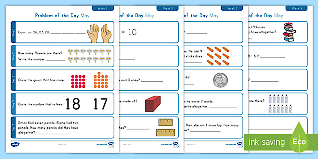 Kindergarten Math Problem of the Day - May Worksheet