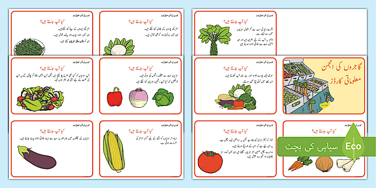 Urdu Vegetables-Fruits Cards گاجروں کی انجمن معلوماتی کارڈز