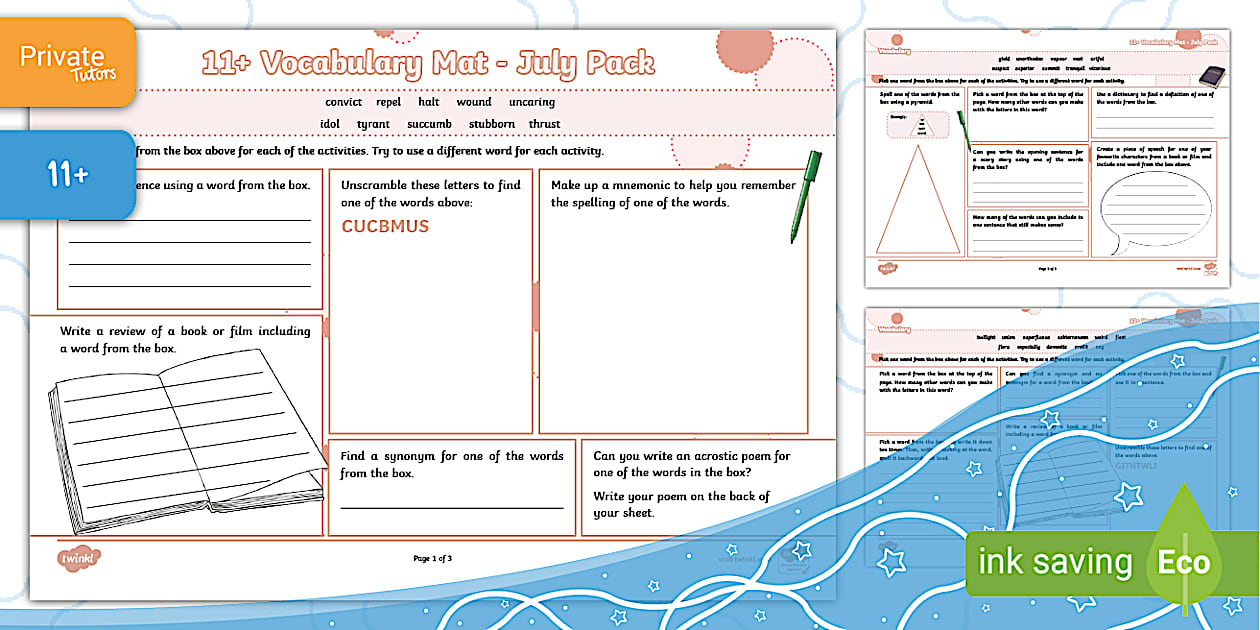11+ July Vocabulary Activity Mats
