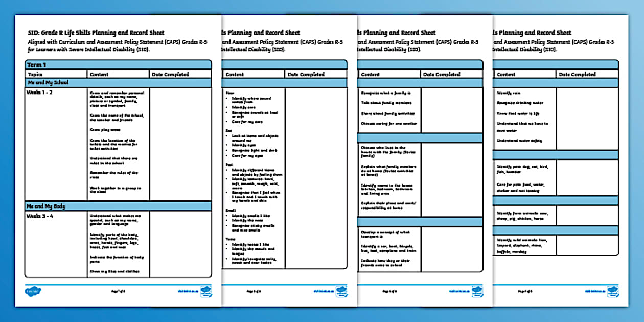 SID: Grade R Life Skills Planning and Record Sheet - Twinkl