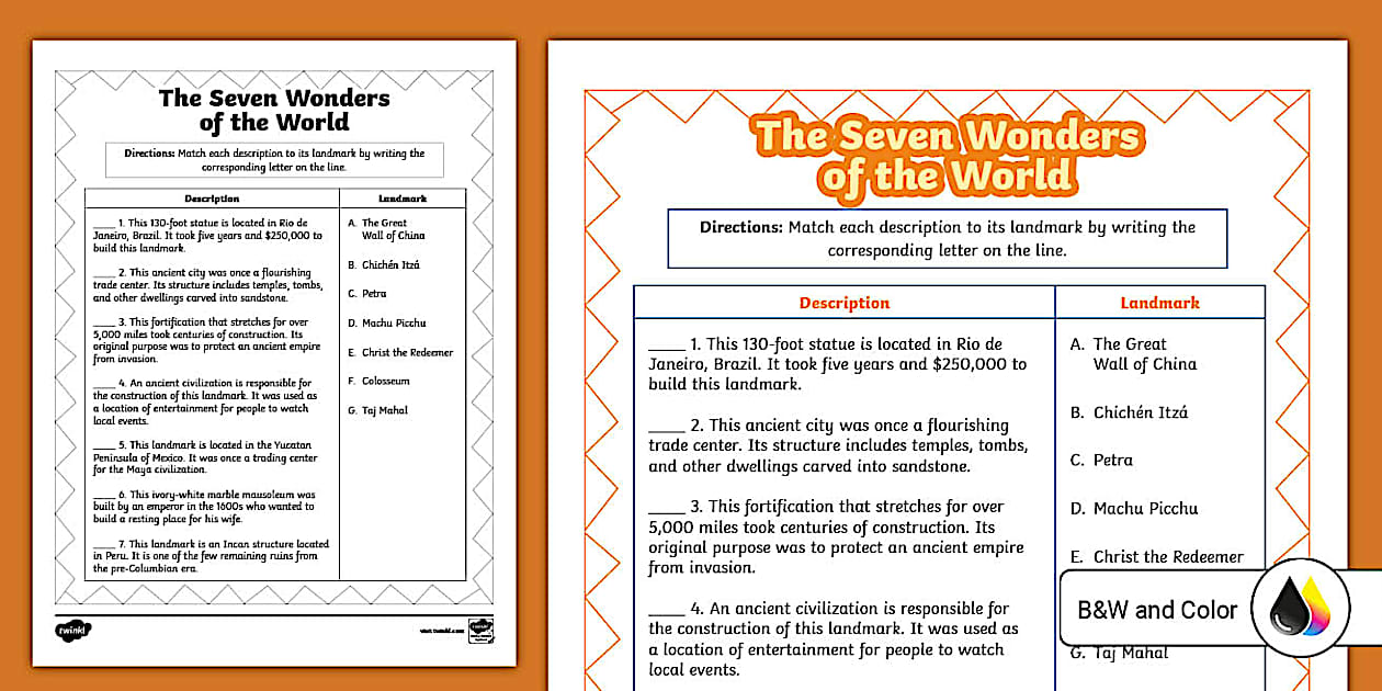 The Seven Wonders of the World Matching Worksheet for 6th-8th Grade
