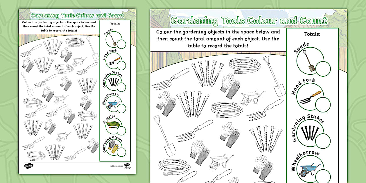 Gardening Tools Colour and Count Worksheet - Twinkl