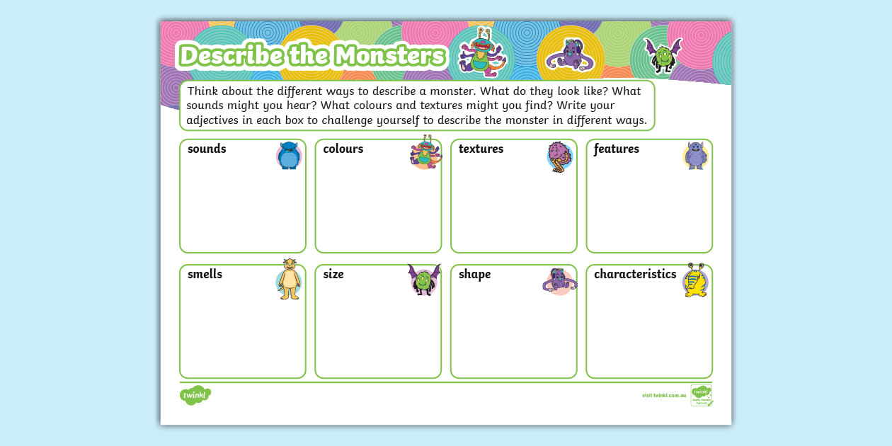 Monsters Adjectives Worksheet - Twinkl Adjectives