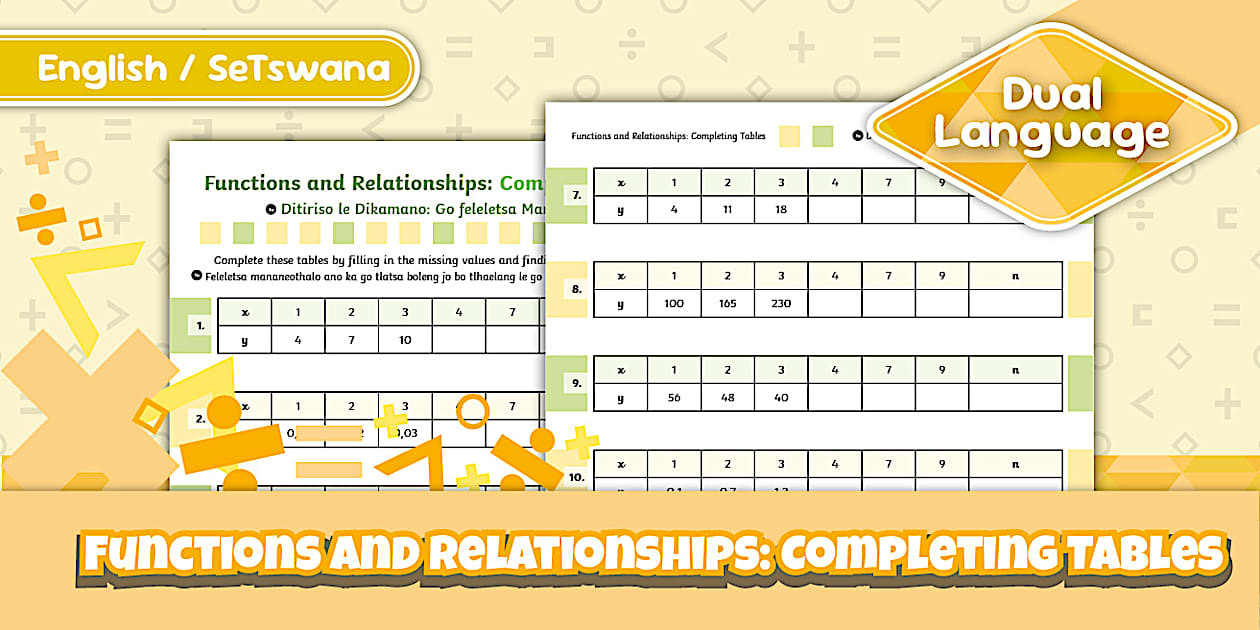 Grade 7 Maths - Functions and Relationships: Completing Tables - Activity
