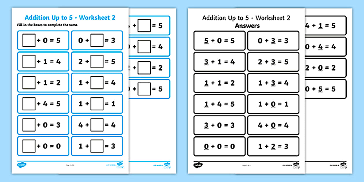 Addition Up to 5 Missing Box Worksheet 2 (teacher made)