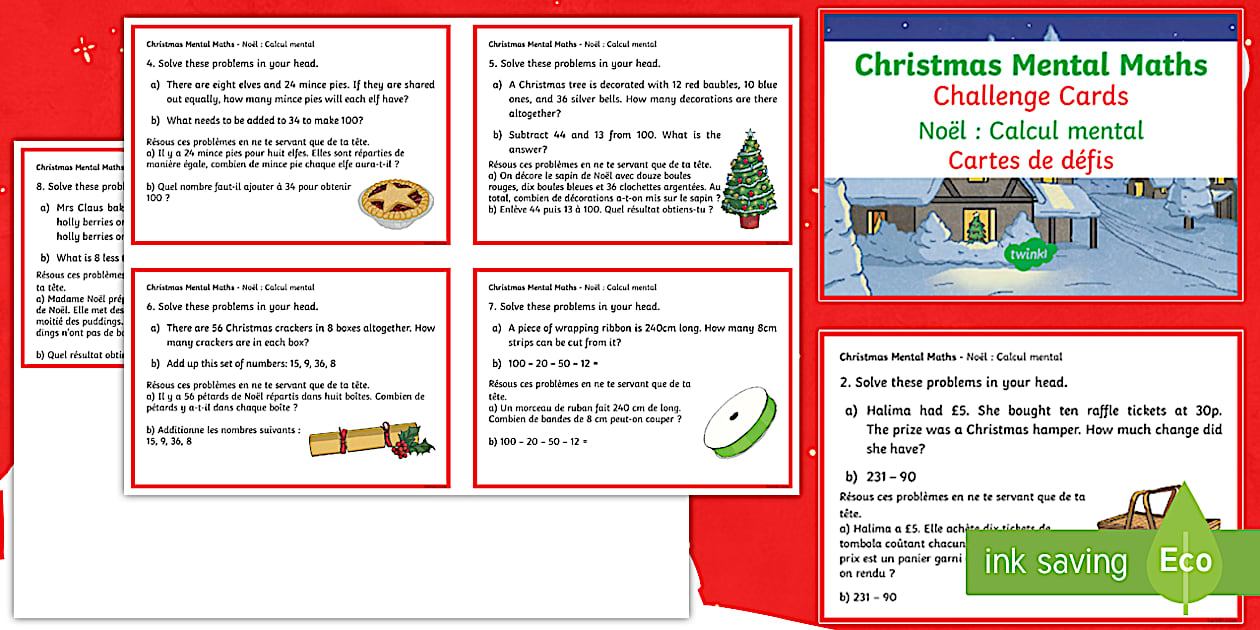 Christmas Mental Maths Challenge Cards English/French