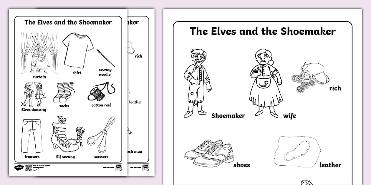 The Elves and the Shoemaker Words Colouring Sheet - Twinkl