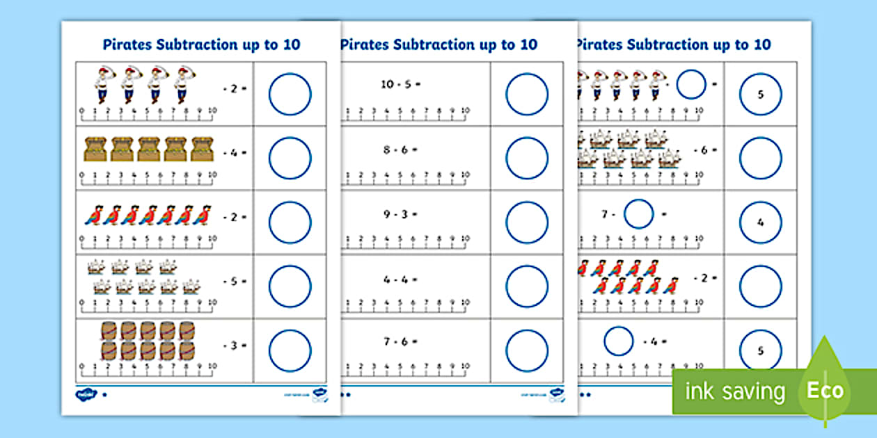 Pirate Subtraction up to 10 Worksheet (teacher made)