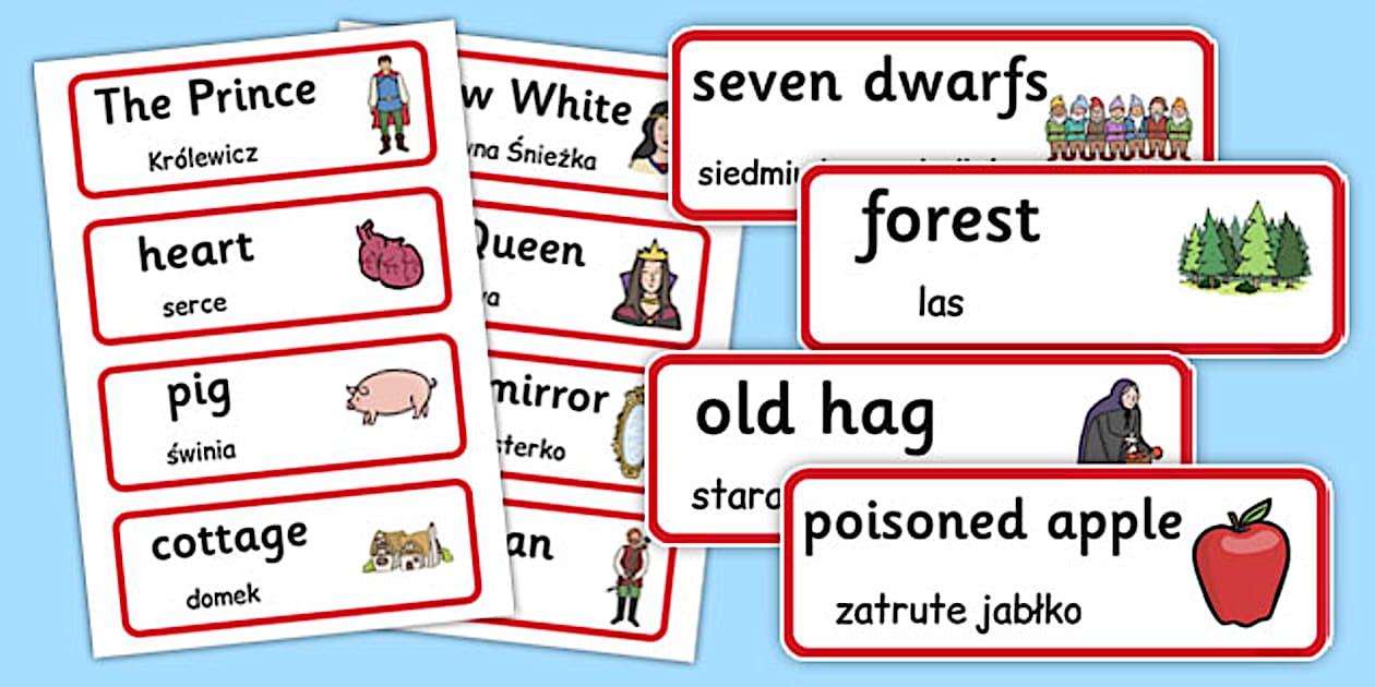 Snow White and the Seven Dwarfs Word Cards Polish Translation