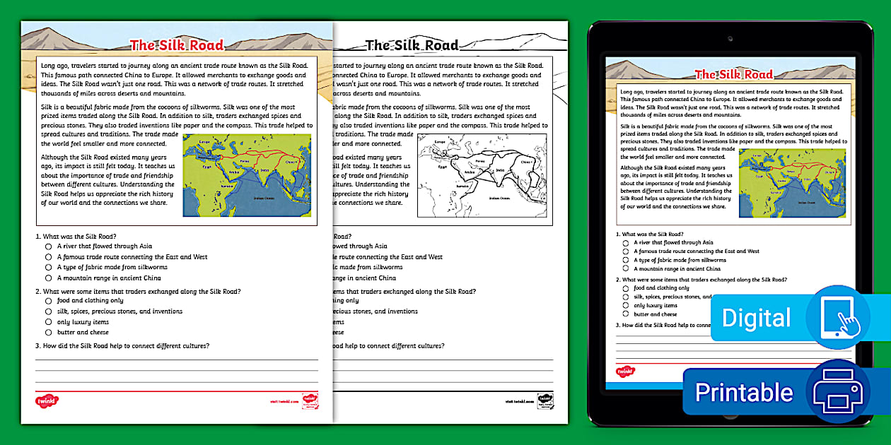 Fourth Grade The Silk Road Reading Comprehension Worksheet