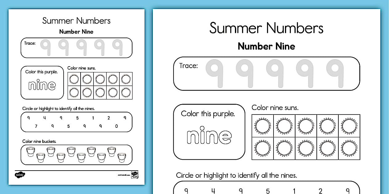 Summer Numbers: Number Nine Math Worksheet - Twinkl