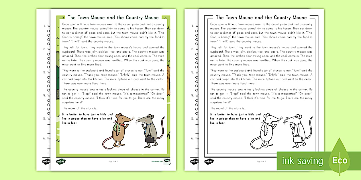 Second Grade The Town Mouse and the Country Mouse Reading Comprehension