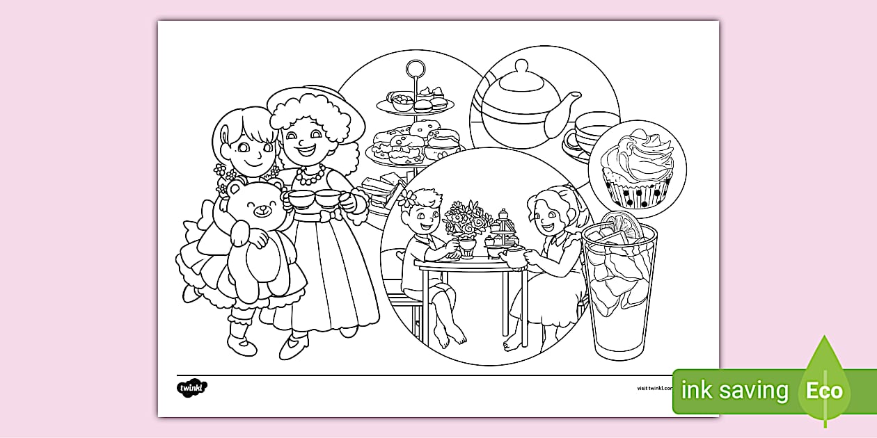 Tea Party Scene Colouring Page,tea paty (teacher made)