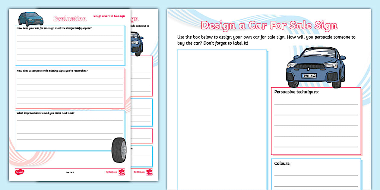 Design a Car For Sale Sign Worksheet (Teacher-Made) - Twinkl