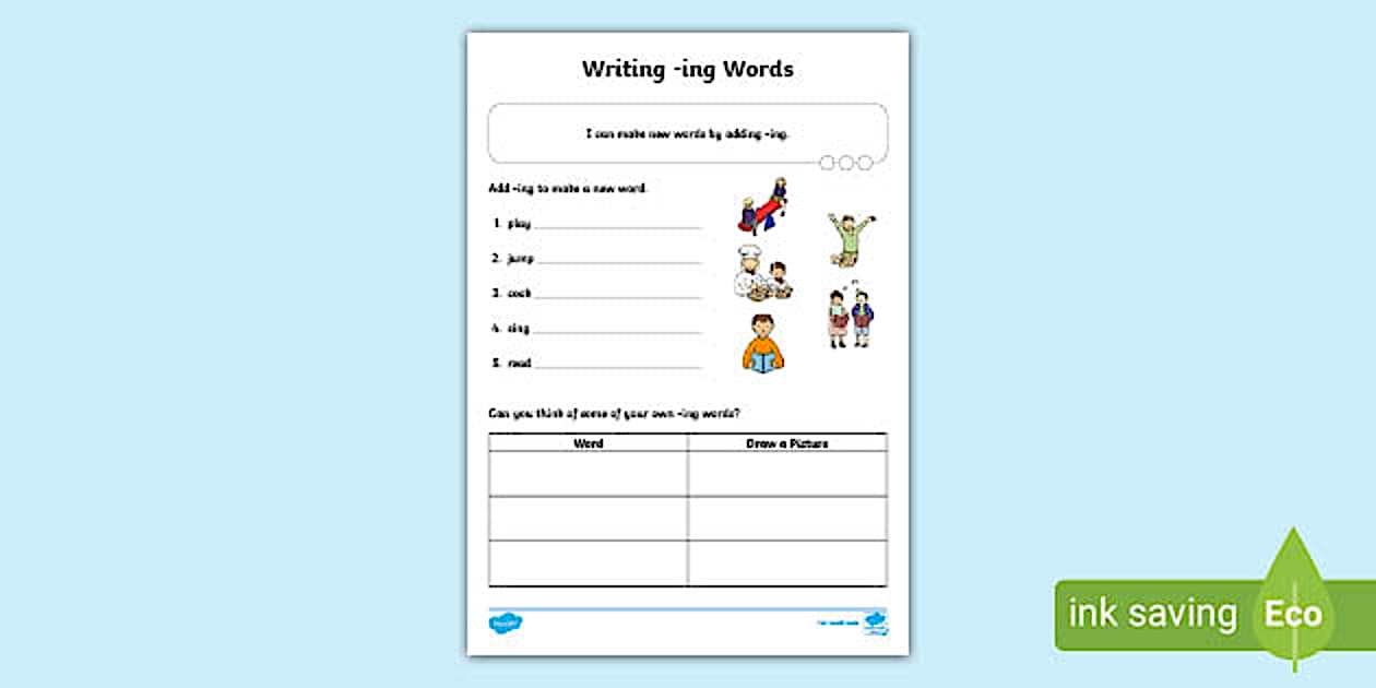 Black and White Writing -ing Words Application Worksheet