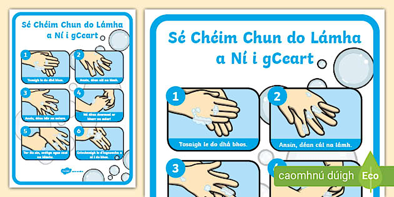 Six Steps to Wash Your Hands Poster - Gaeilge (Teacher-Made)