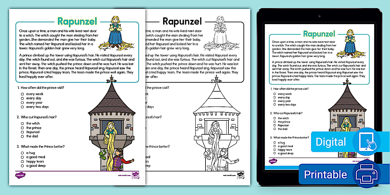 Second Grade Rapunzel Reading Passage Comprehension Worksheet