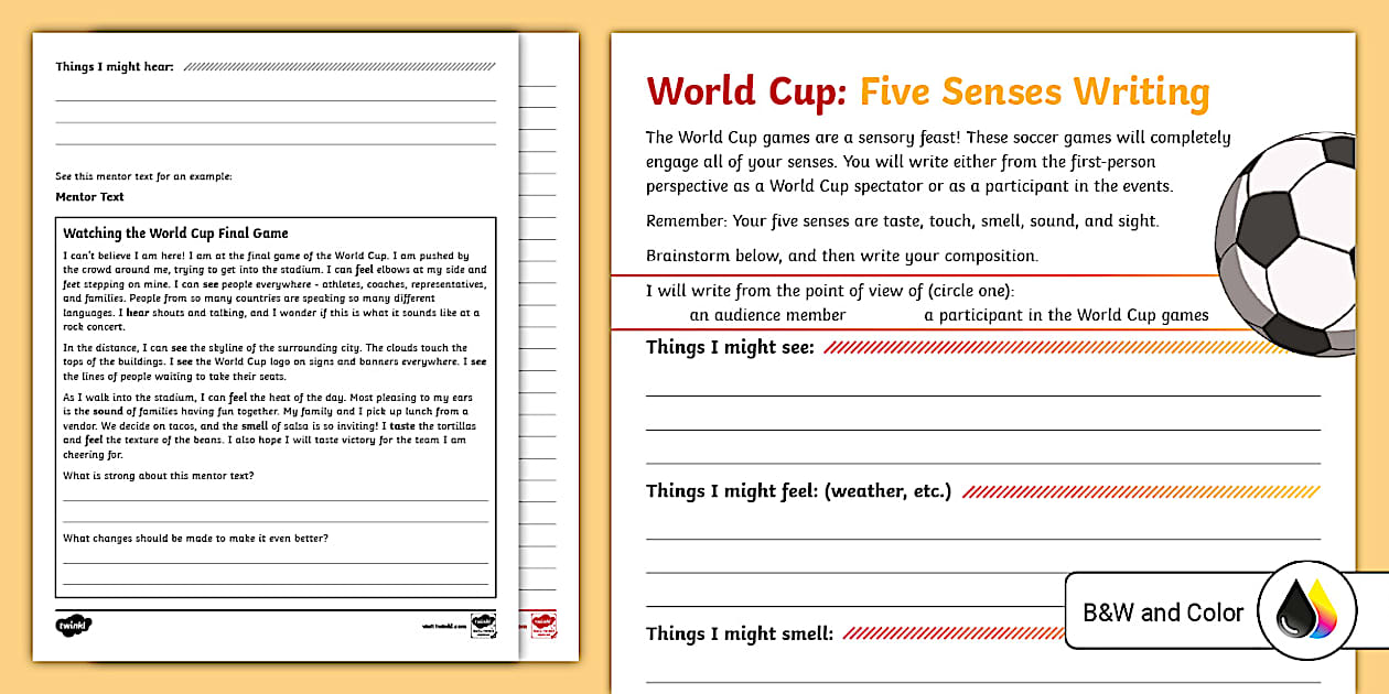 World Cup: Five Senses Writing, Mentor Text, and Rubric for 3rd-5th Grade