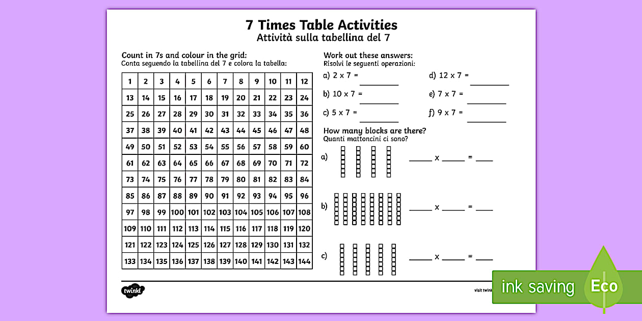 7 Times Table Worksheet / Worksheet English/Italian - Twinkl