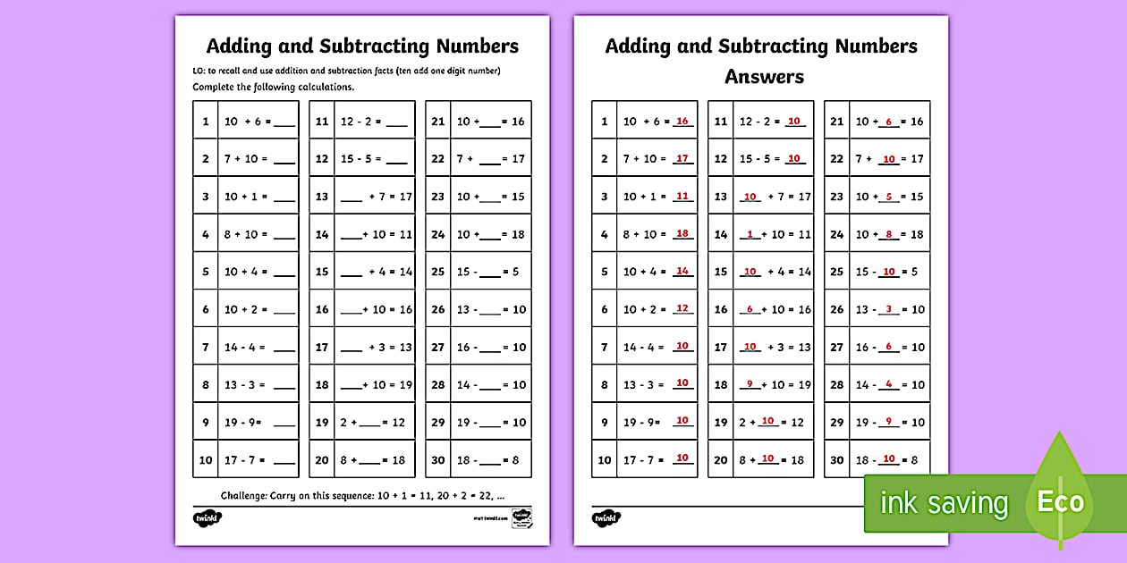 Number Facts to 20 Facts Ten Add One Digit Number Worksheet