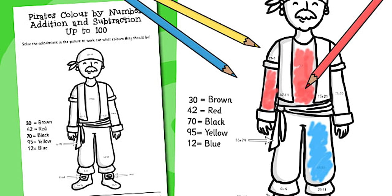 Editable Pirates Colour by Number Addition and Subtraction Up to 100