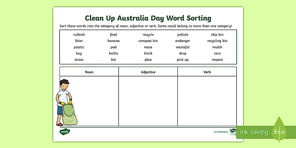 NSW Clean Up Australia Day Word Sort Worksheet - Twinkl