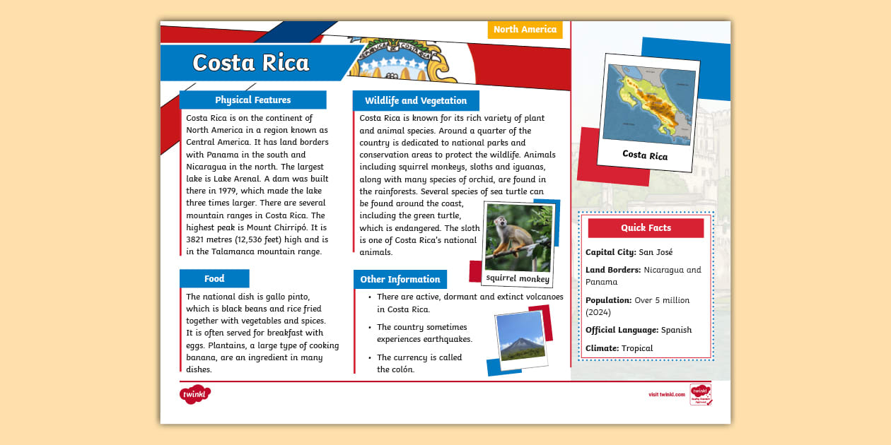 KS2 Costa Rica Fact File (professor feito) - Twinkl