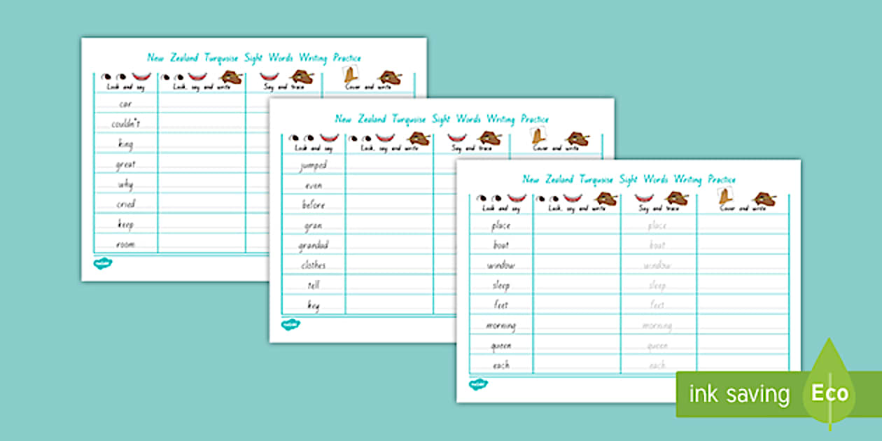 Turquoise High Frequency Words Writing Practice Worksheets