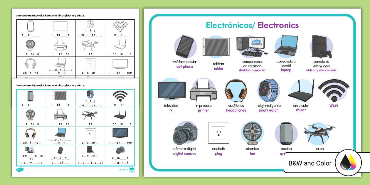 Spanish/English Anchor Chart and Labeling Worksheet: Electronics Vocabulary