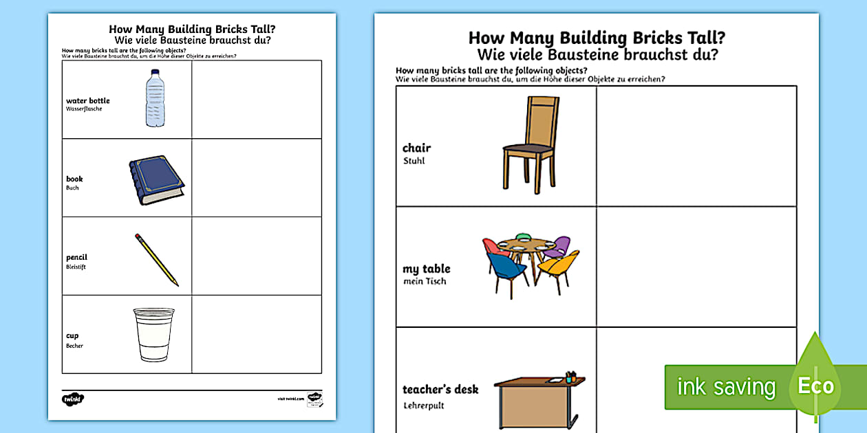 How Many Building Bricks Tall? Worksheet / Worksheet English/German