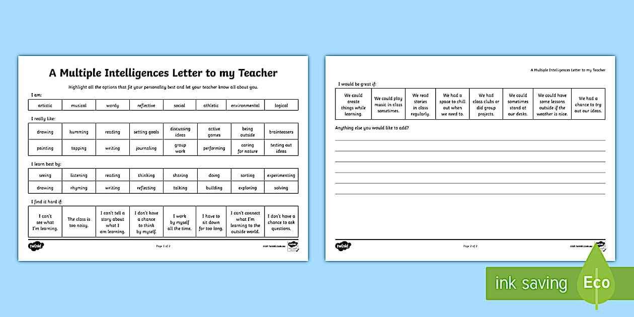 A Multiple Intelligences Letter to My Teacher Cloze Activity
