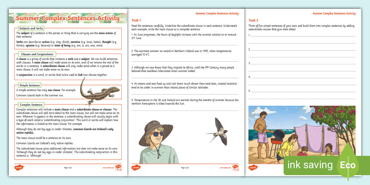 Summer Complex Sentences Activity Sheets