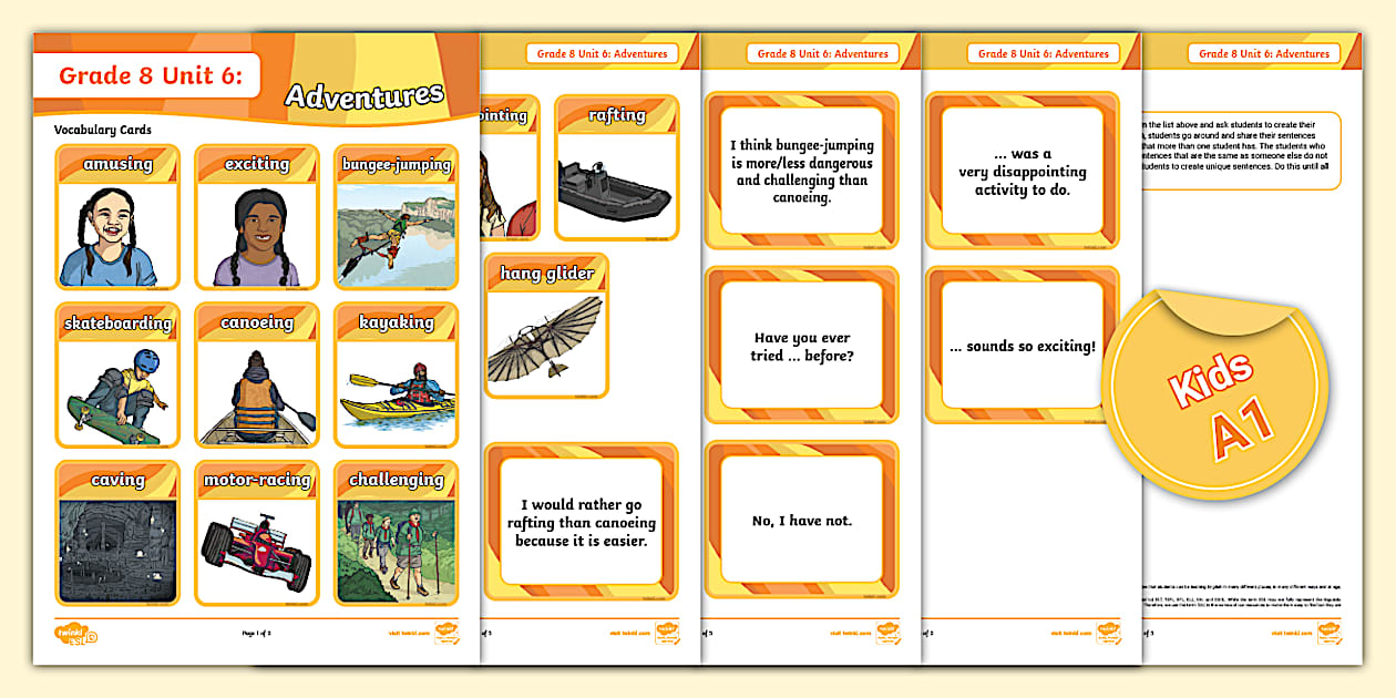 Turkey Curriculum English Vocabulary Cards: Grade 8 Unit 6 (Adventures)