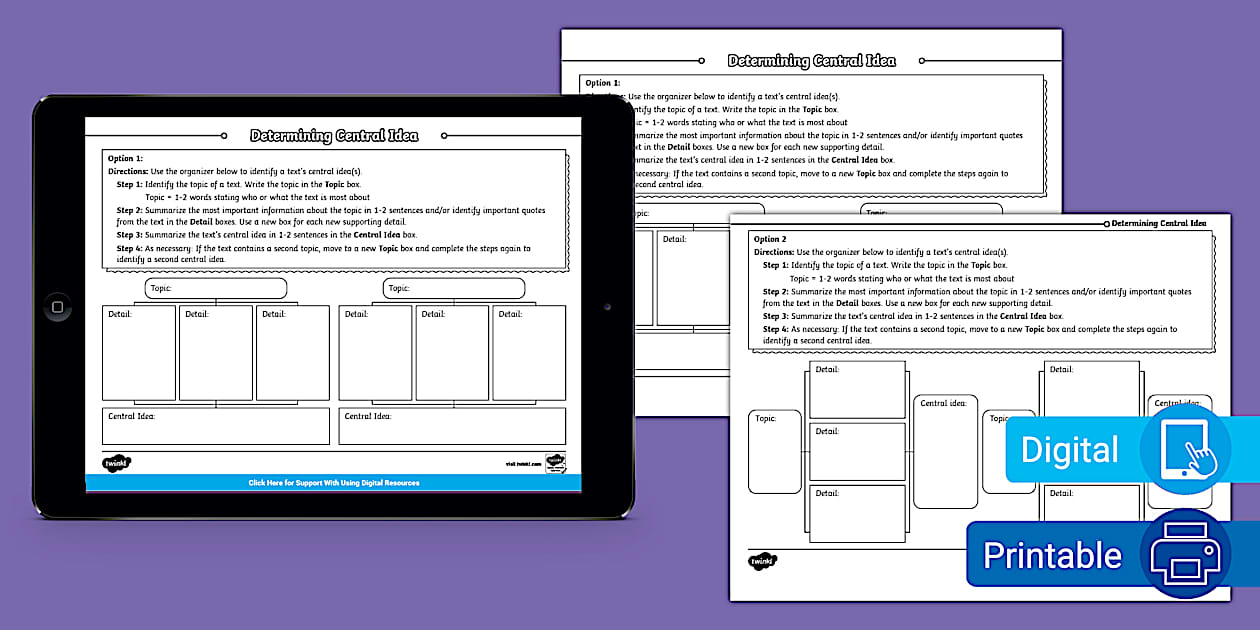Determining Central Idea Graphic Organizer for 6th-8th Grade