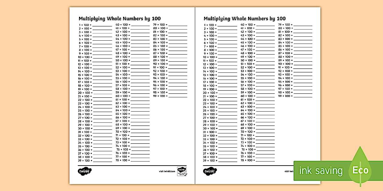 Multiplying Whole Numbers by 100 A5 Worksheet / Worksheet - Multiplying ...