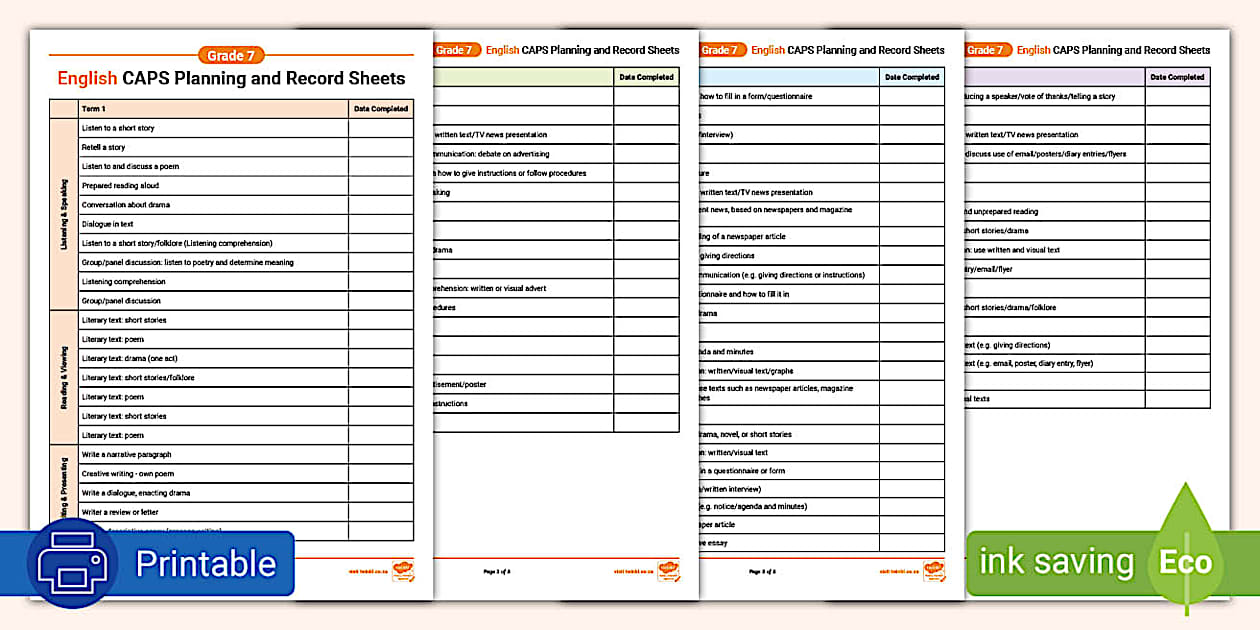 Grade 7 English CAPS Planning Sheet - Twinkl South Africa
