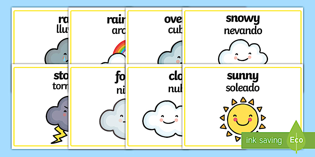 Weather Words Display Posters English/Spanish - Twinkl