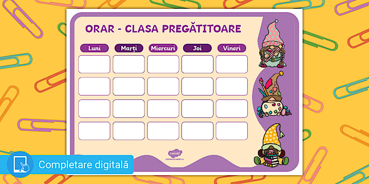 Orar cu completare digitală pentru clasa pregătitoare