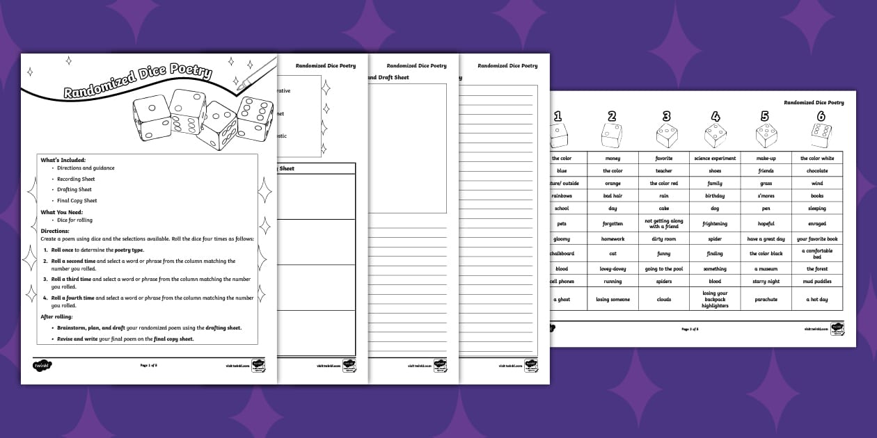 Randomized Dice Poetry Activity for 3rd-5th Grade - Twinkl