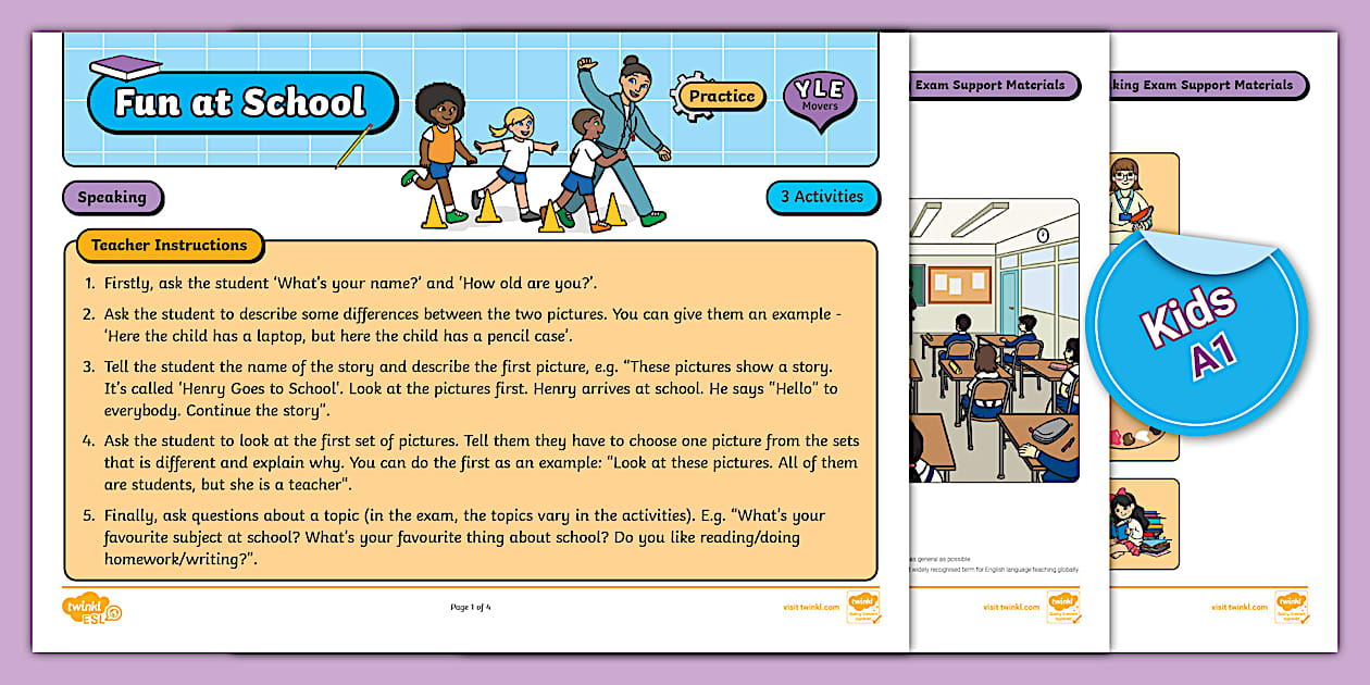 YLE Movers - Speaking - Practice Sheet (Fun at School) [A1]