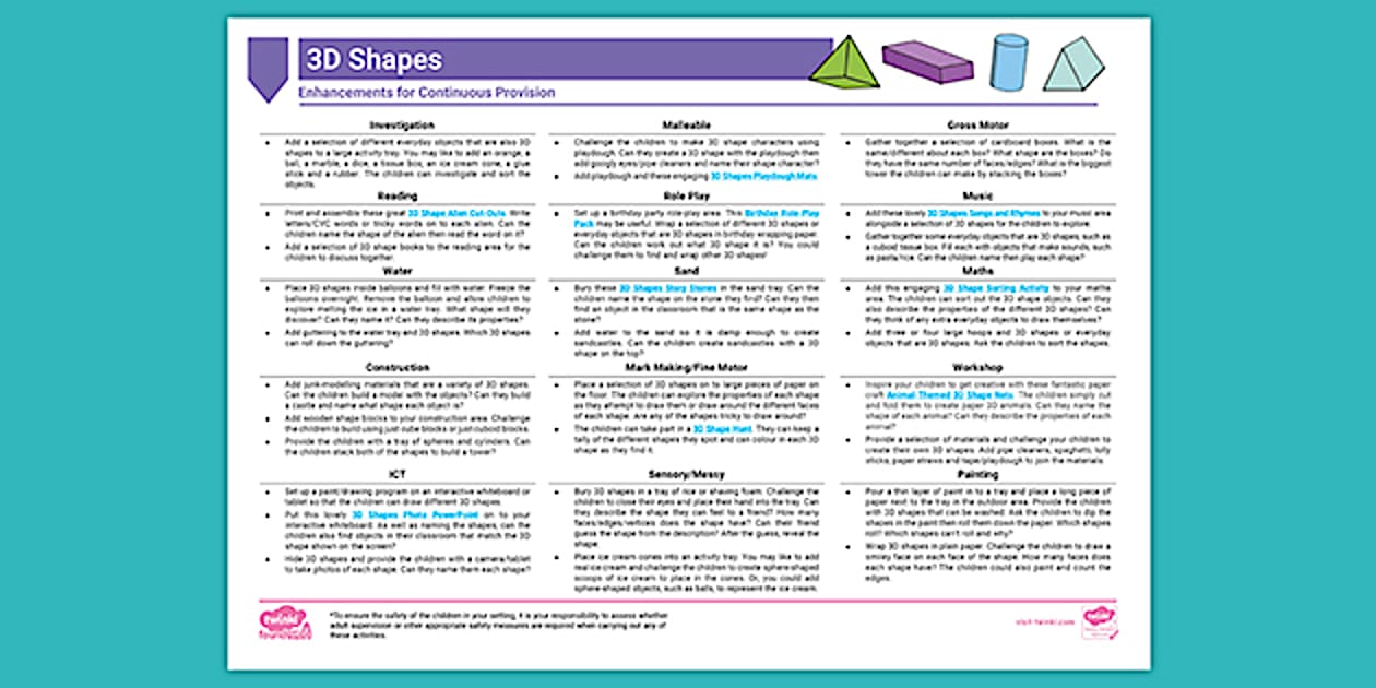 EYFS 3D Shapes Continuous Provision Planning Ideas - Twinkl