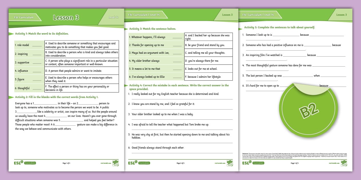 ESL Level 14 Lesson 3 Activity Sheet