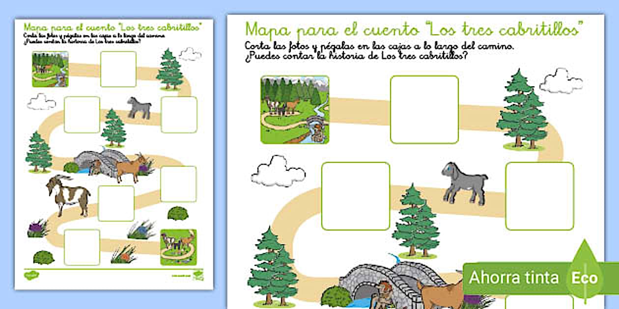 Ficha de recortar y pegar: Los tres cabritillos Infantil