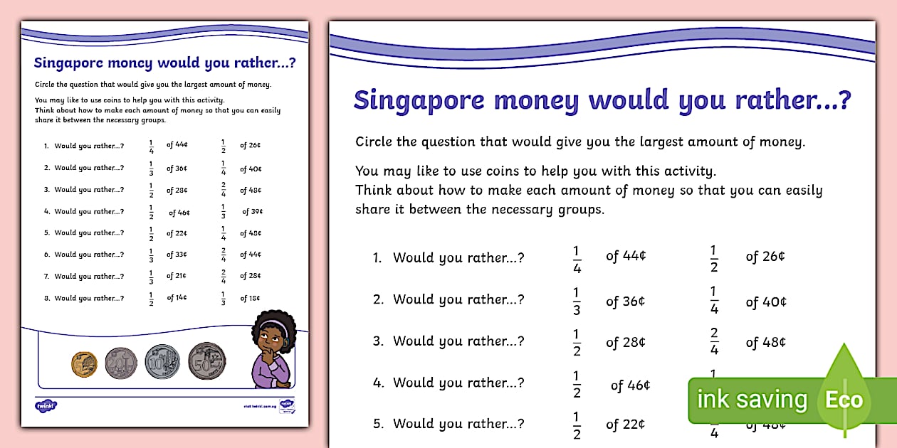 *K1 Fractions of Singapore Money Activity Sheet* - Twinkl