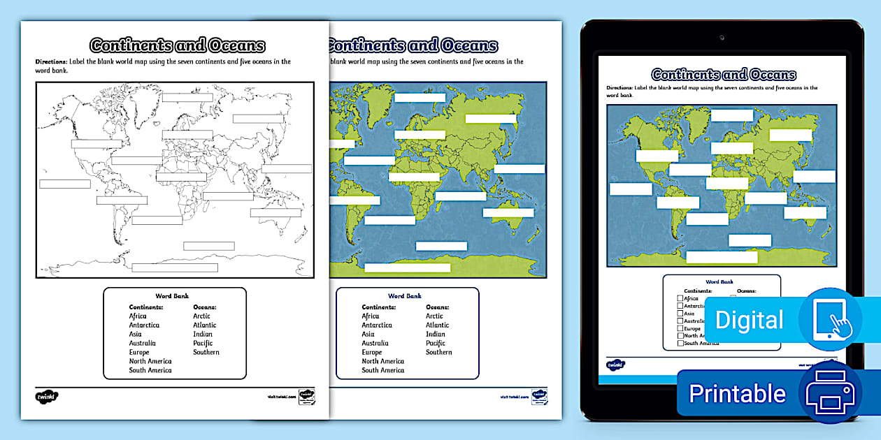 Sixth Grade Continents and Oceans Labeling Worksheet