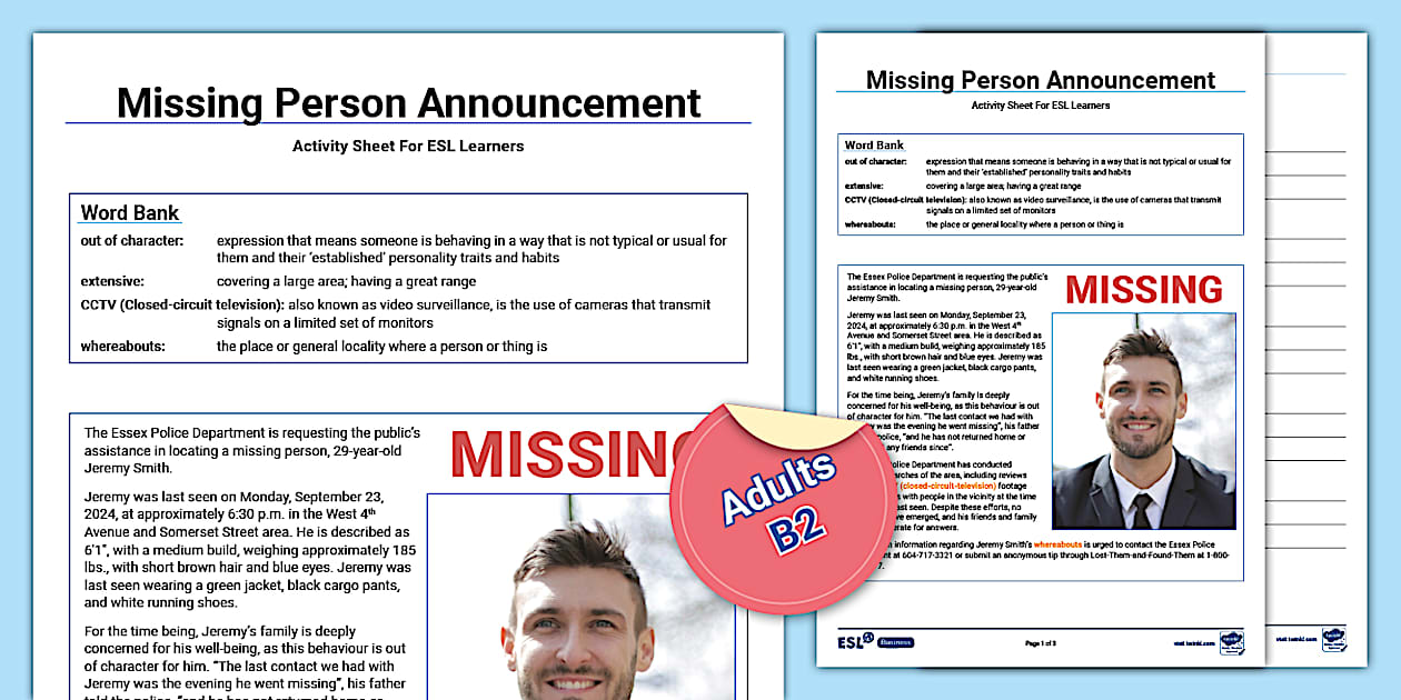 ESL Missing Person Announcement Activity Sheet [Adults, B2]