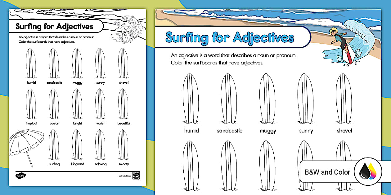 First Grade Surfing for Adjectives Worksheet (teacher made)
